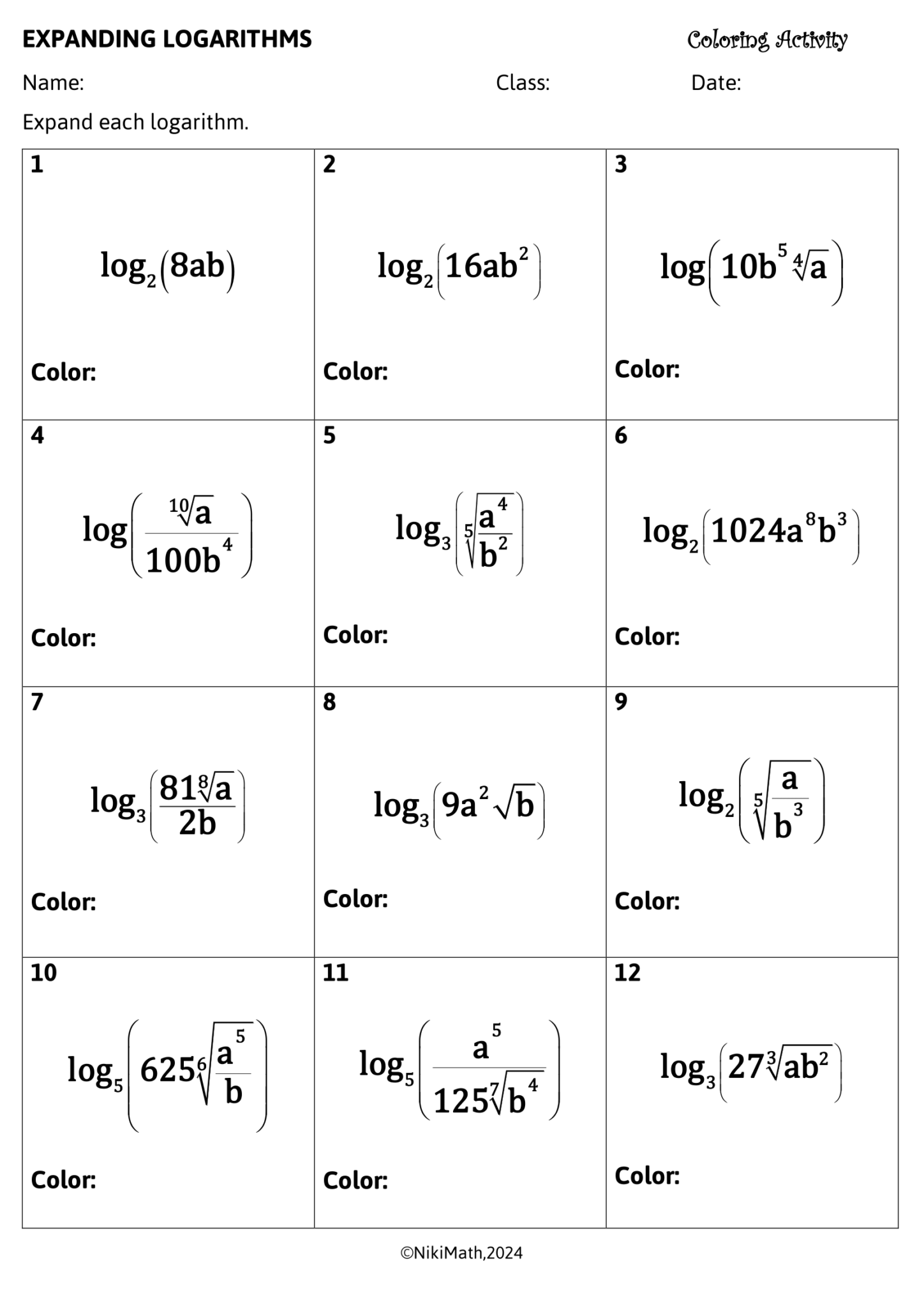 Expanding Logarithms - Coloring Activity/Color by Code - Teacher ...