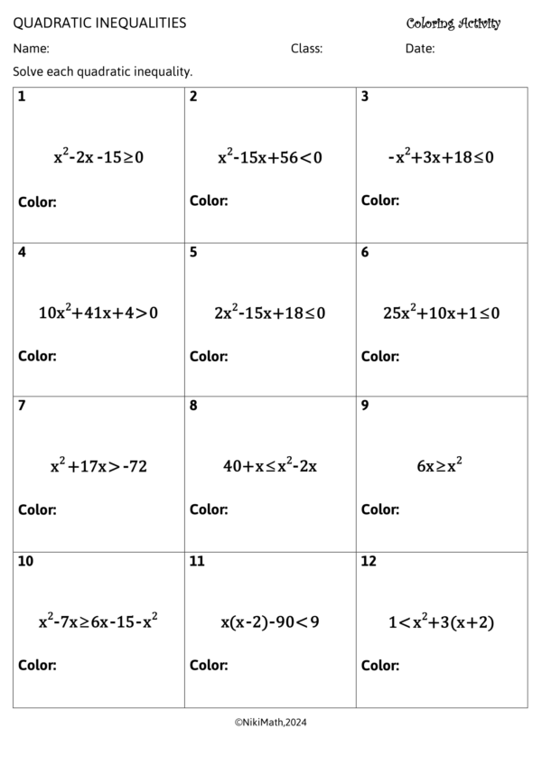 Solving Quadratic Inequalities (with one variable) - Color by Code ...