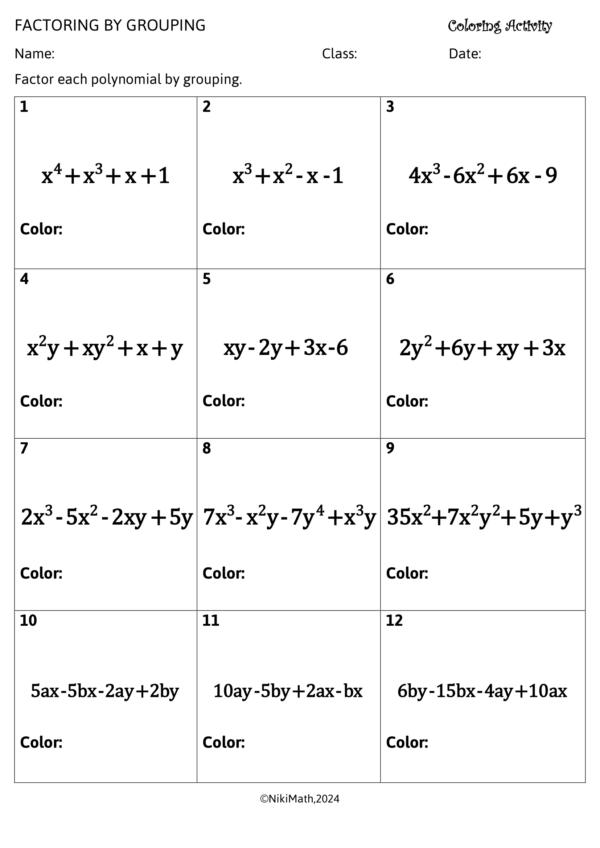Factoring Polynomials by Grouping - Color by Code - Teacher ...