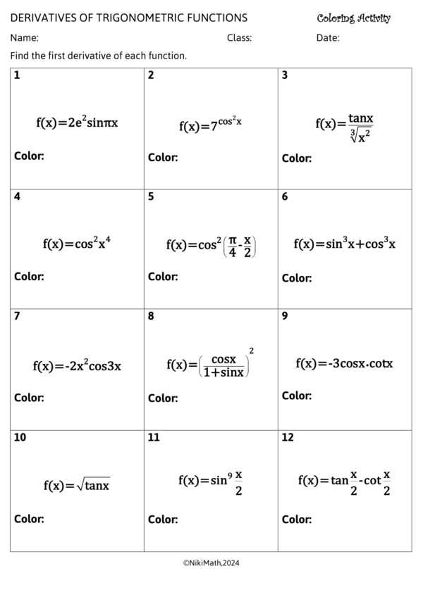 Derivatives of Trigonometric Functions - Color by Code - Teacher ...
