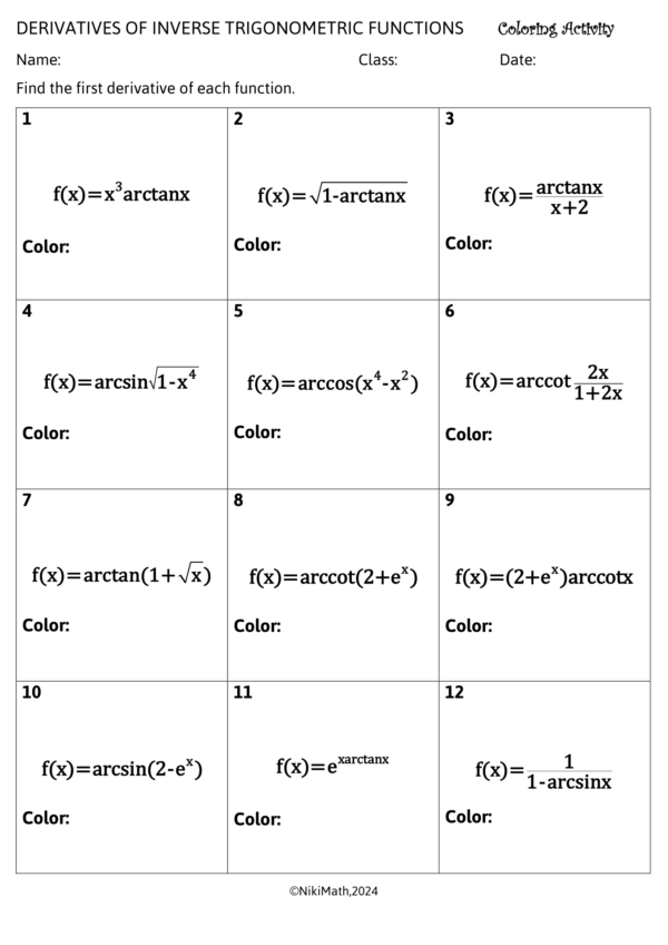 Derivatives of Inverse Trig Functions - Color by Code Christmas ...