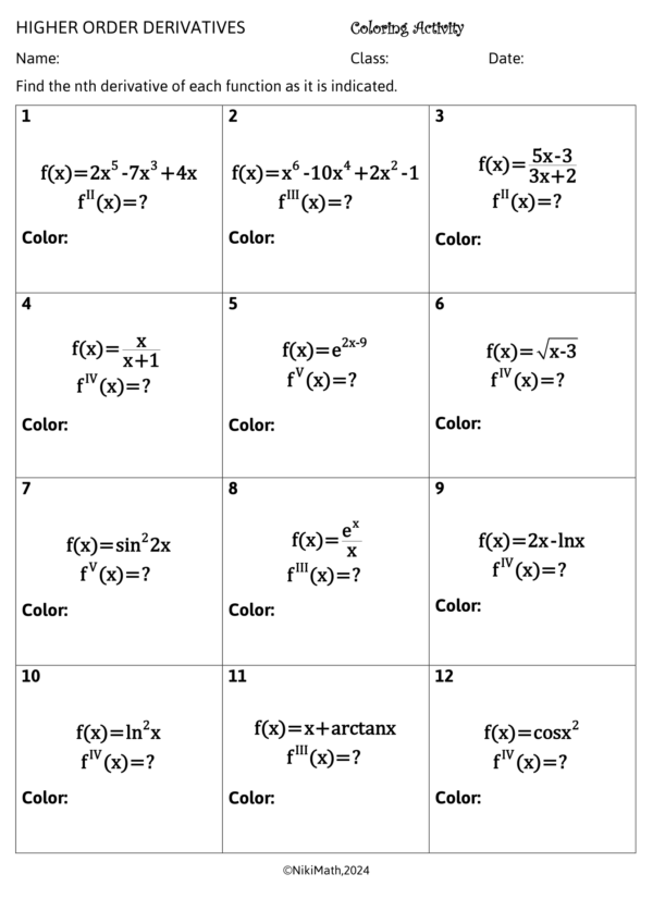Calculus: Higher Order Derivatives - Color by Code Activity - Teacher ...