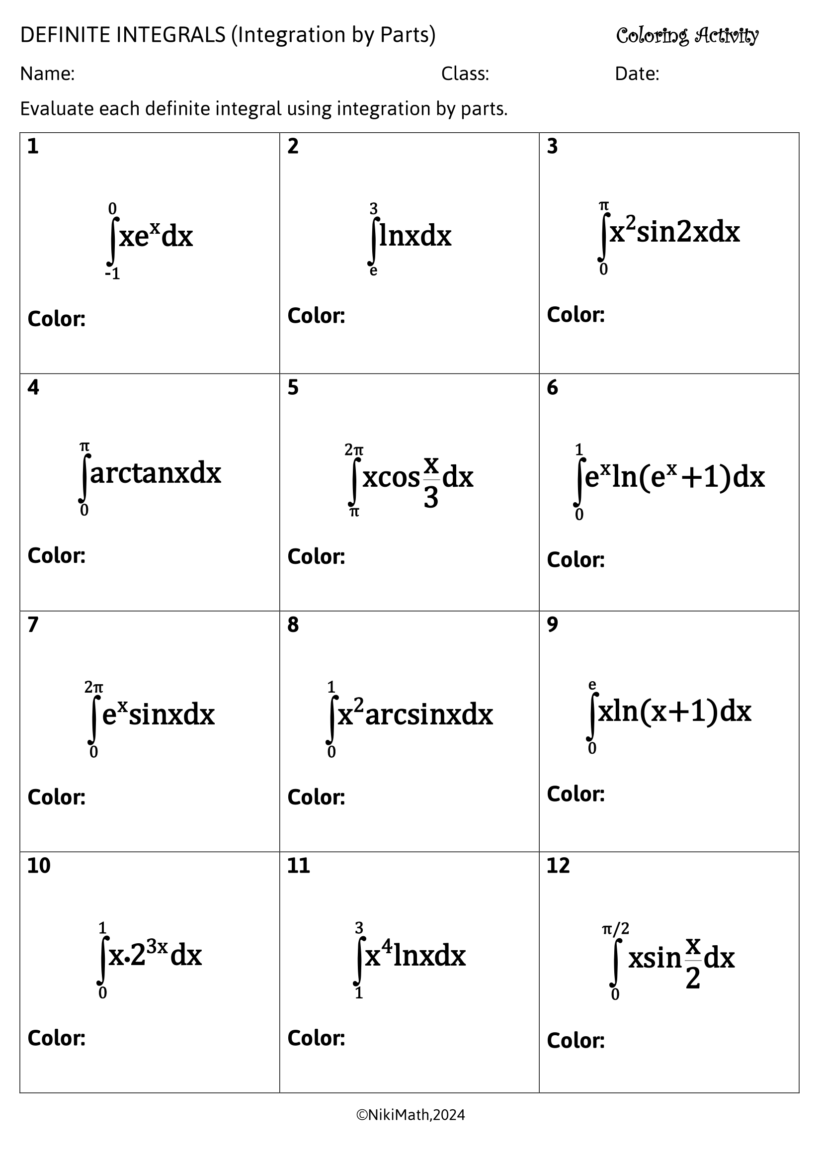 Definite Integrals: Integration by Parts - Color by Code (Earth Day ...