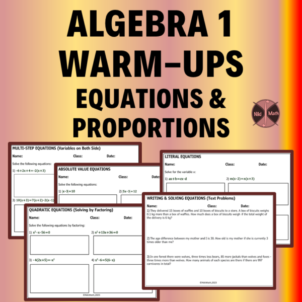 Algebra 1 Warm-Ups - Solving Equations and Proportions (12 topics, 46 ...