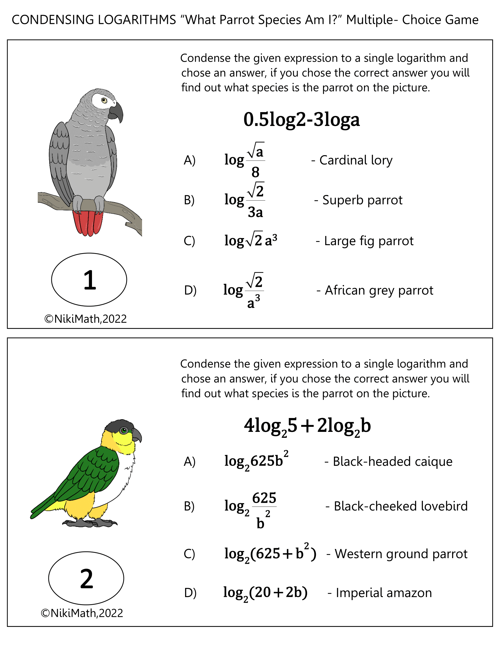 Condensing Logarithms - "What Parrot Species Am I?" Multiple-Choice ...