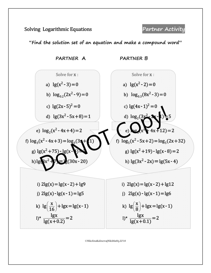 Logarithmic Equations - Partner Activity "Make Compound Words ...