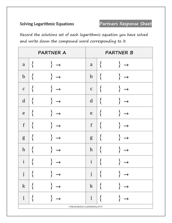 Logarithmic Equations - Partner Activity "Make Compound Words ...