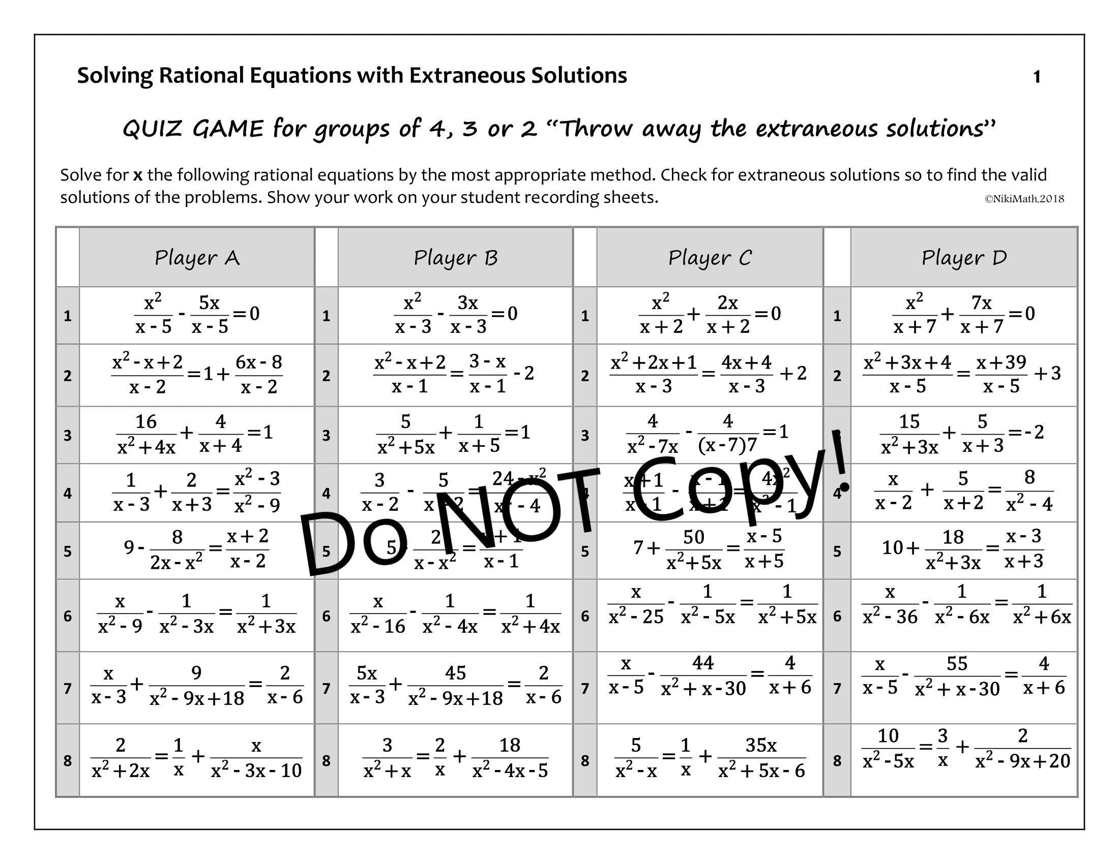 Rational Equations ALL with EXTRANEOUS Solutions - Group Activity ...