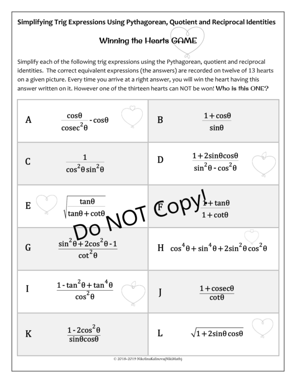 Simplifying Trigonometric Expressions - Win the Hearts (Matching Game ...