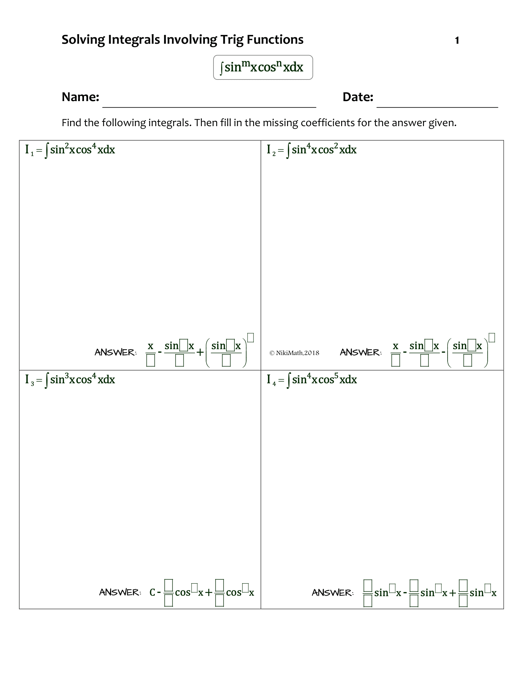 Trigonometric Integrals -"Fill in the missing..." Activity - Teacher ...