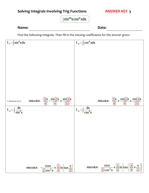Trigonometric Integrals -"Fill in the missing..." Activity - Teacher ...