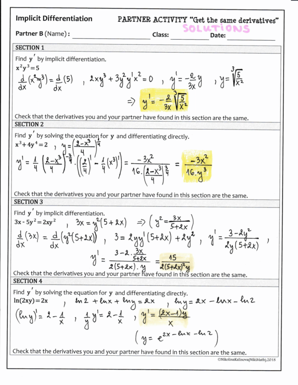 Implicit Differentiation - Partner Activity (solutions) - Teacher ...