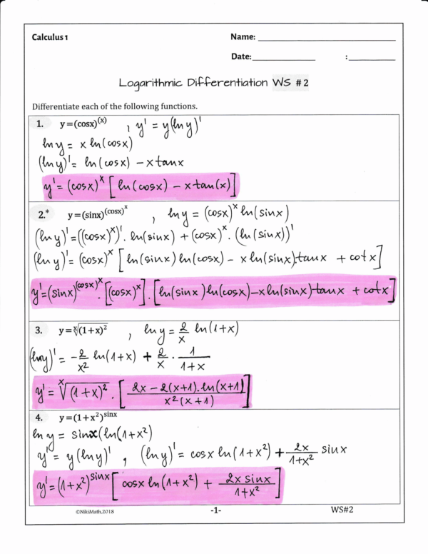 Calculus: LOGARITHMIC DIFFERENTIATION - WS (24 problems - solutions ...
