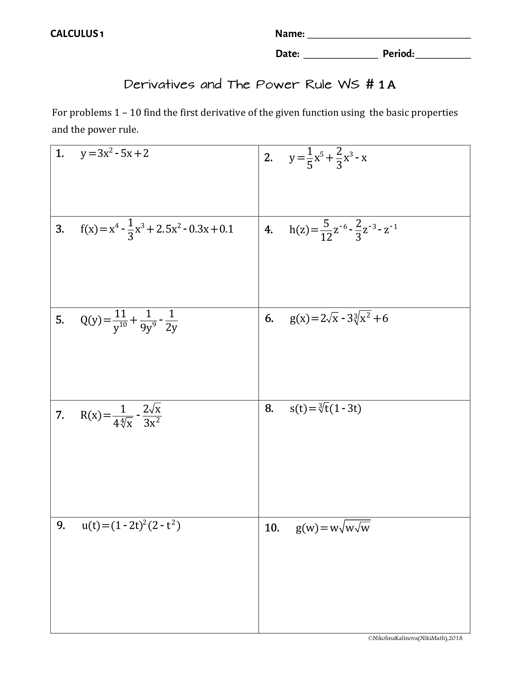 Derivatives & the POWER RULE - 6 WKHTs (50 various problems) - Teacher ...