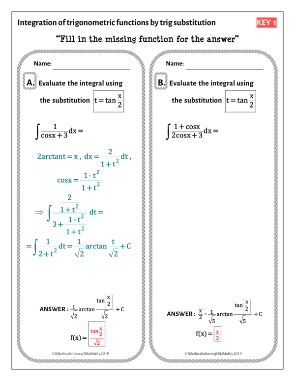 Integration Of Trigonometric Functions Using Trig Substitutions Activity Fill In The Missing