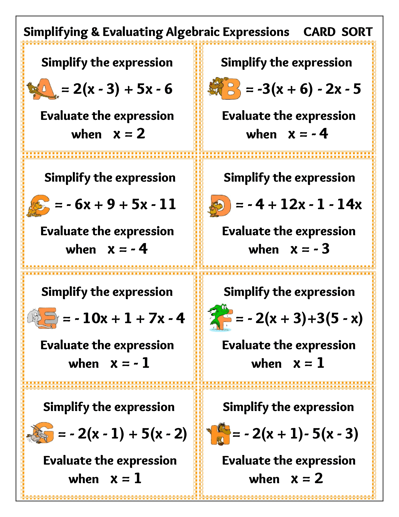 Simplifying and Evaluating Algebraic Expressions - Card Sort (26 cards ...