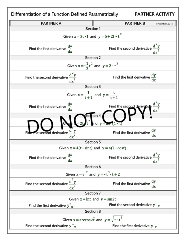 Parametric Equations (Differentiation) - Partner Activity (full ...