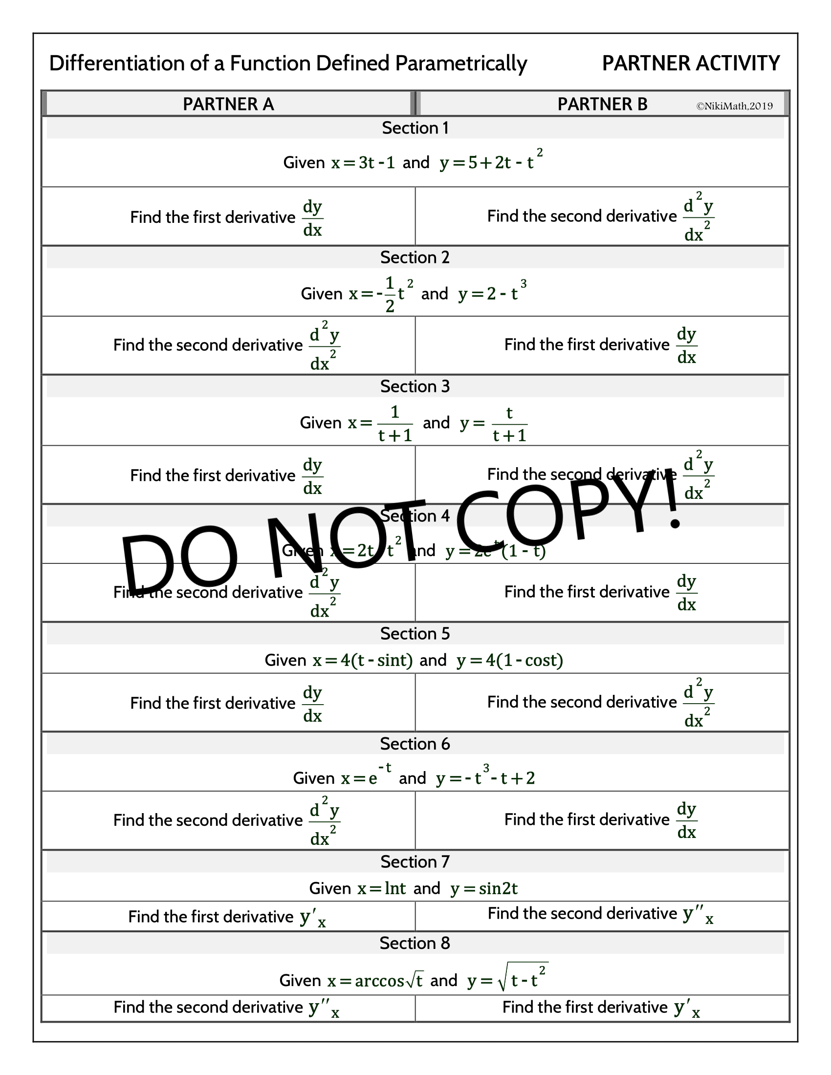 Parametric Equations (Differentiation) - Partner Activity (full solutions) - Teacher ...