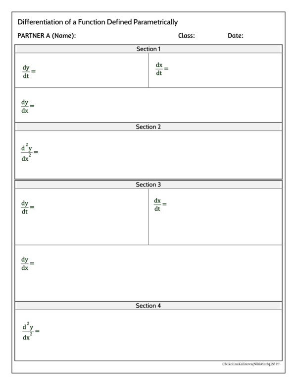 Parametric Equations (Differentiation) - Partner Activity (full solutions) - Teacher ...