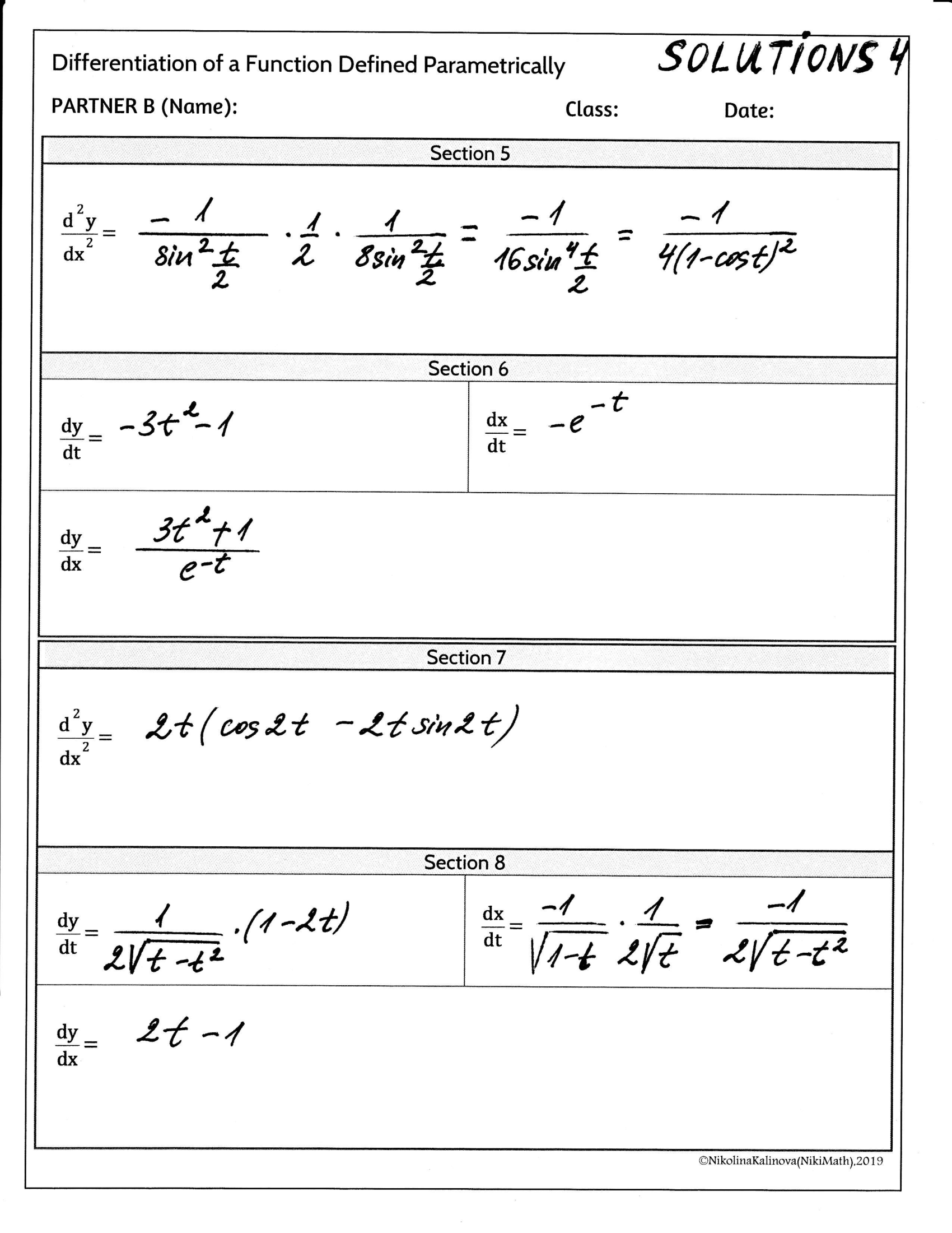 Parametric Equations Differentiation Partner Activity Full Solutions Teacher