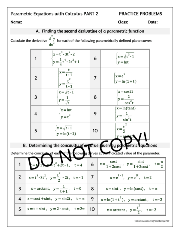 Parametric Equations with Calculus - 32 Problems Part 2 - Full Solutions - Teacher Professional ...