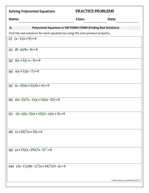 Polynomial Equations in Factored Form (50 Problems Classifies into 3 ...