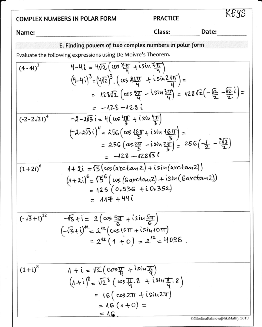 Complex Numbers in Polar Form (DeMoivre’s Theorem) - 50 Problems - Teacher Professional Development