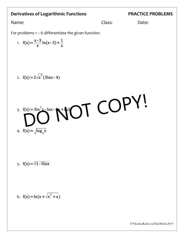 Derivatives of Logarithmic Functions - 15 Practice Problems - Teacher ...