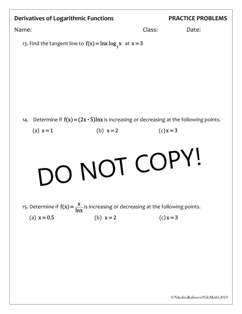 Derivatives of Logarithmic Functions - 15 Practice Problems - Teacher ...
