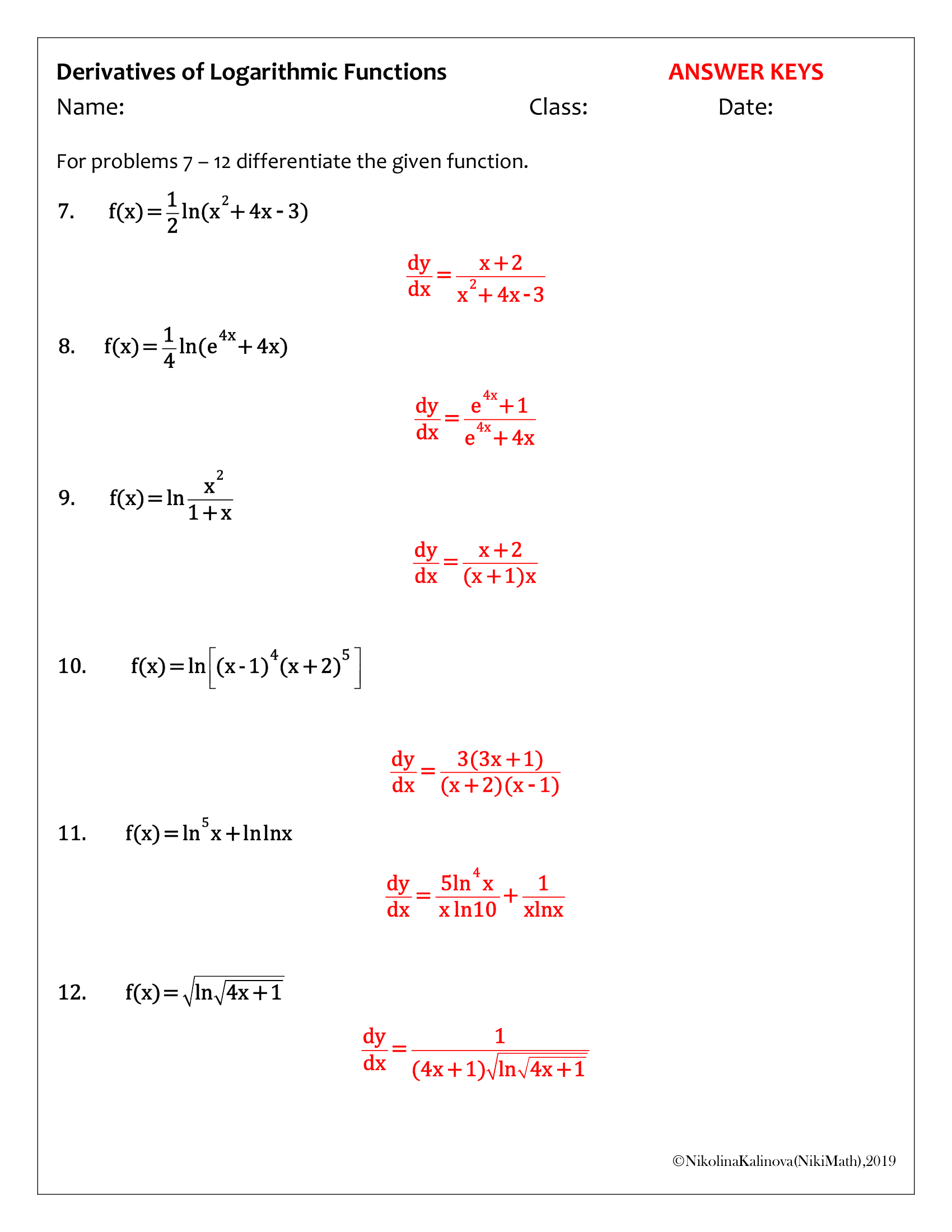 Derivatives of Logarithmic Functions - 15 Practice Problems - Teacher ...