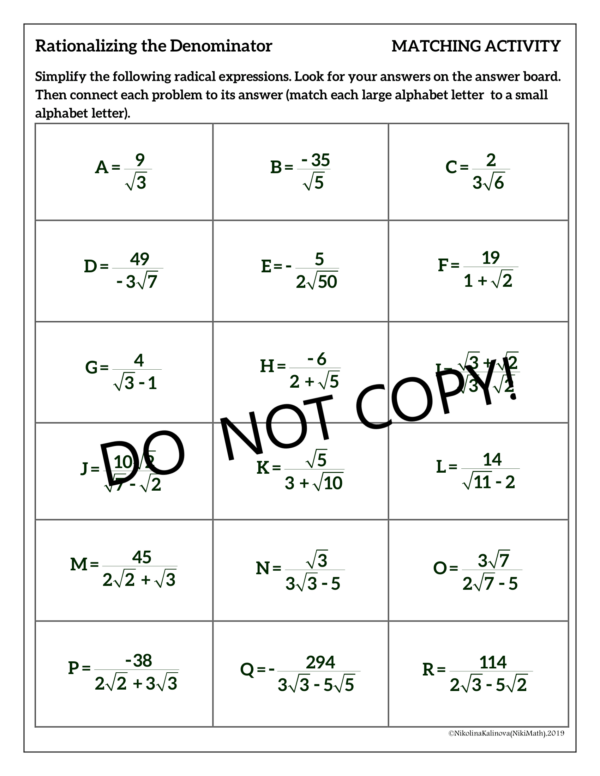 Rationalizing the Denominator - Matching Activity (18 examples ...
