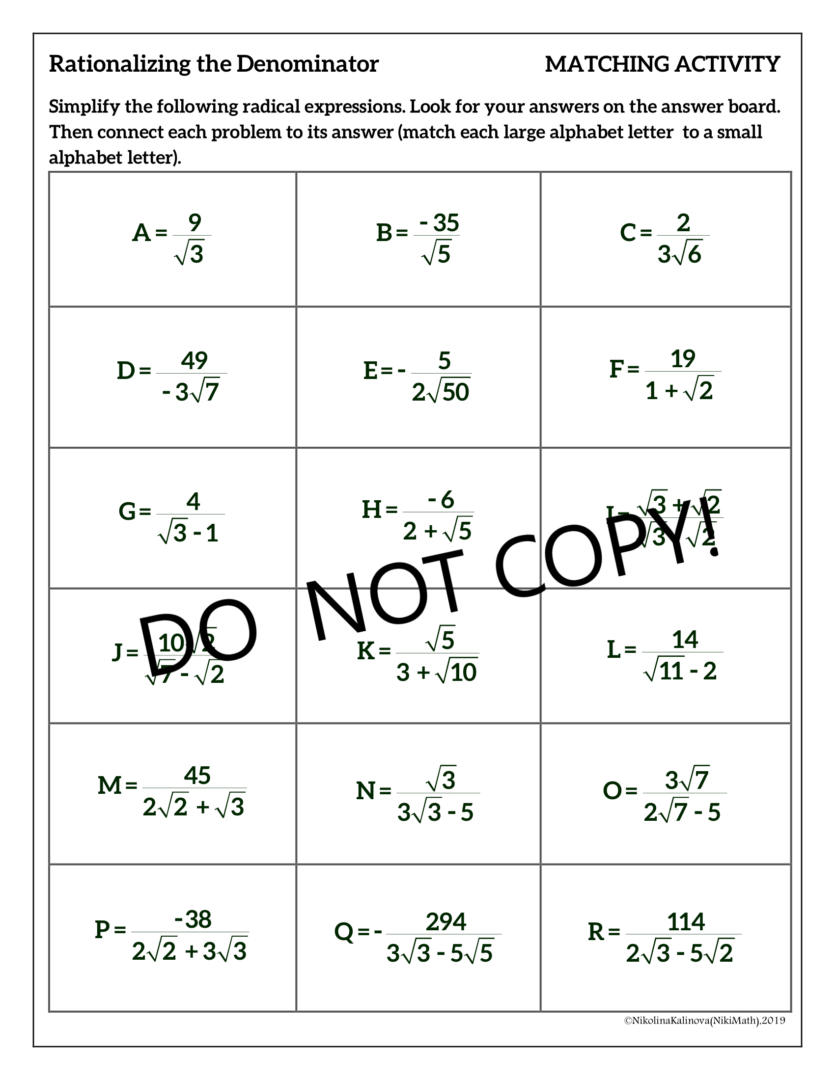 Rationalizing the Denominator - Matching Activity (18 examples ...