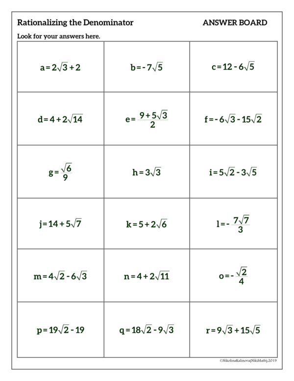 Rationalizing the Denominator - Matching Activity (18 examples ...