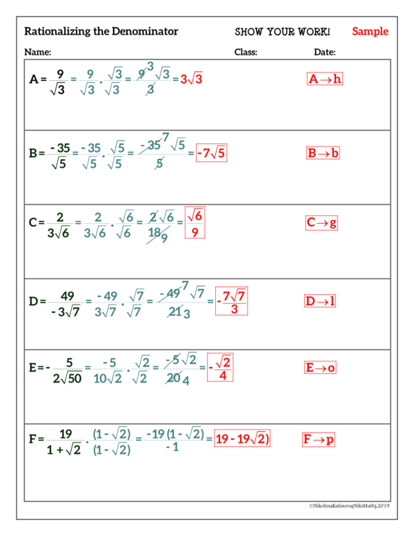 Rationalizing the Denominator - Matching Activity (18 examples ...