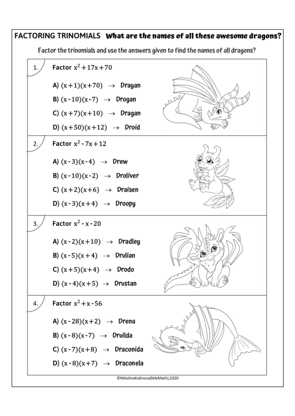 Factoring Trinomials - What's the name of the dragon? (Multiple Choice ...