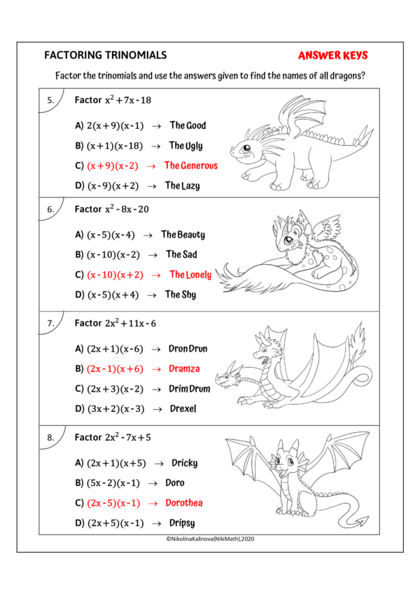 Factoring Trinomials - What's the name of the dragon? (Multiple Choice ...