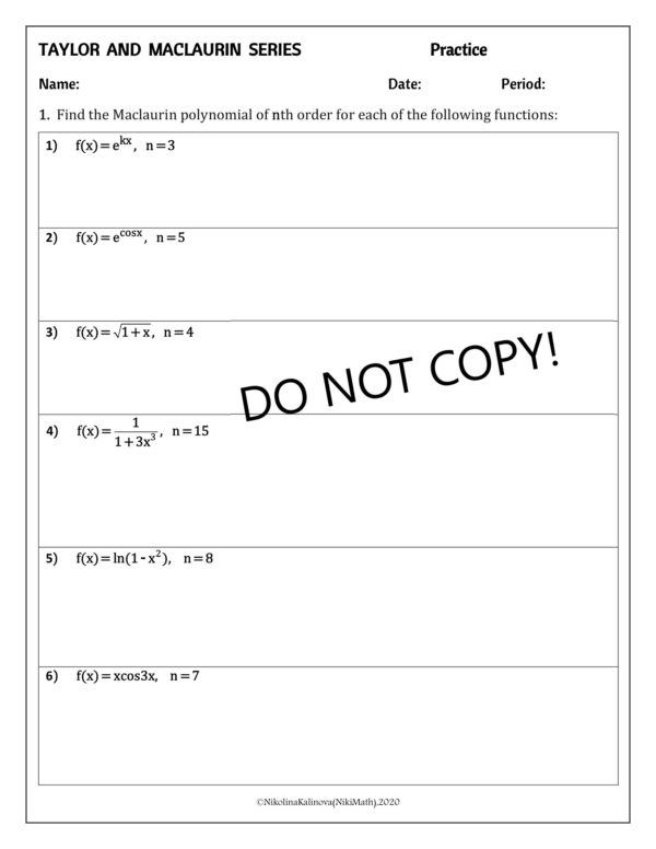 Calculus: Taylor and Maclaurin Series - Practice (2 parts) - Teacher ...