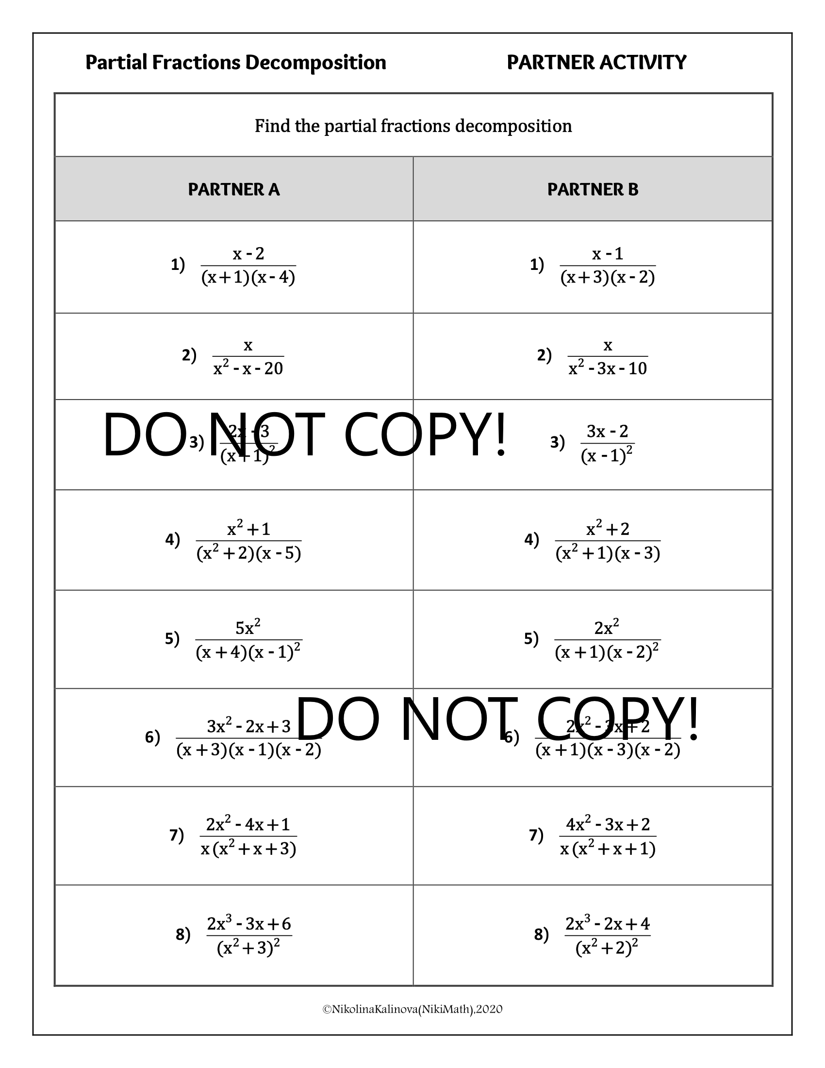 Partial Fractions Decomposition- Partner Activity(16 problems ...