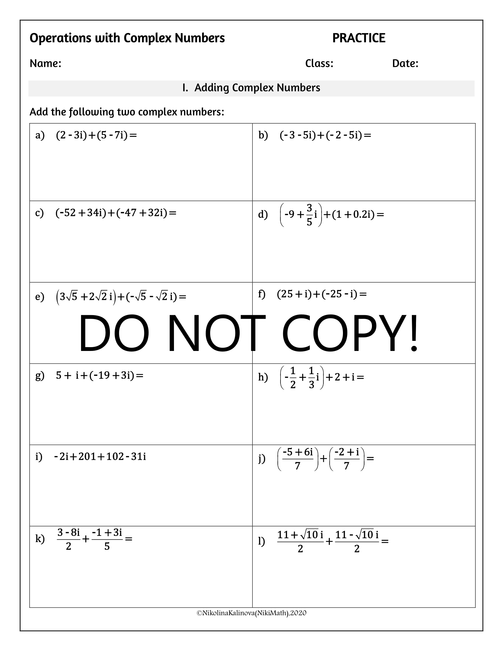 Operations with Complex Numbers - Practice/Classified Problems (46pr ...