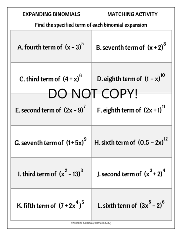 Expanding Binomials/The Binomial Theorem - Matching Activity - Teacher Professional Development