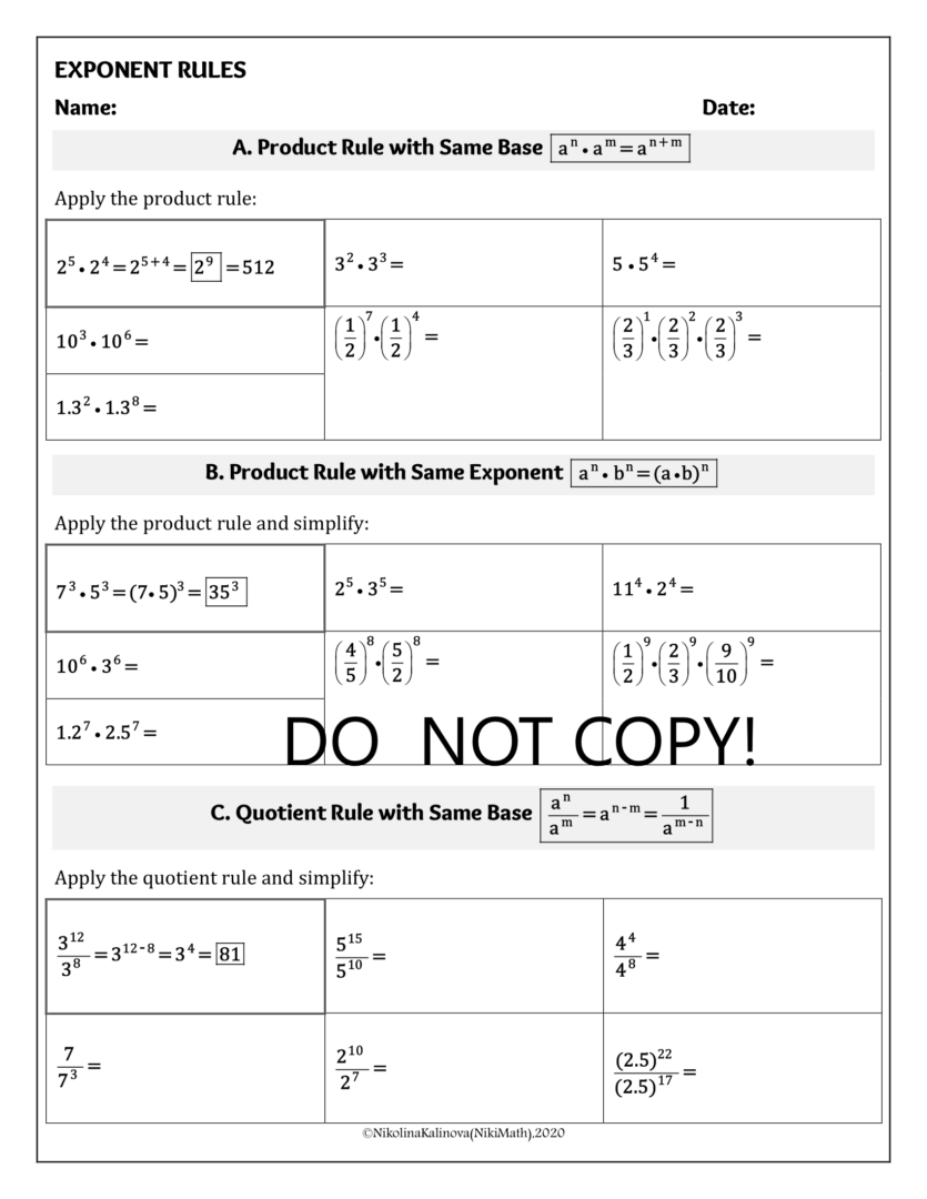 Laws of Exponents/Exponent Rules - Practice - 121 examples into 17 ...