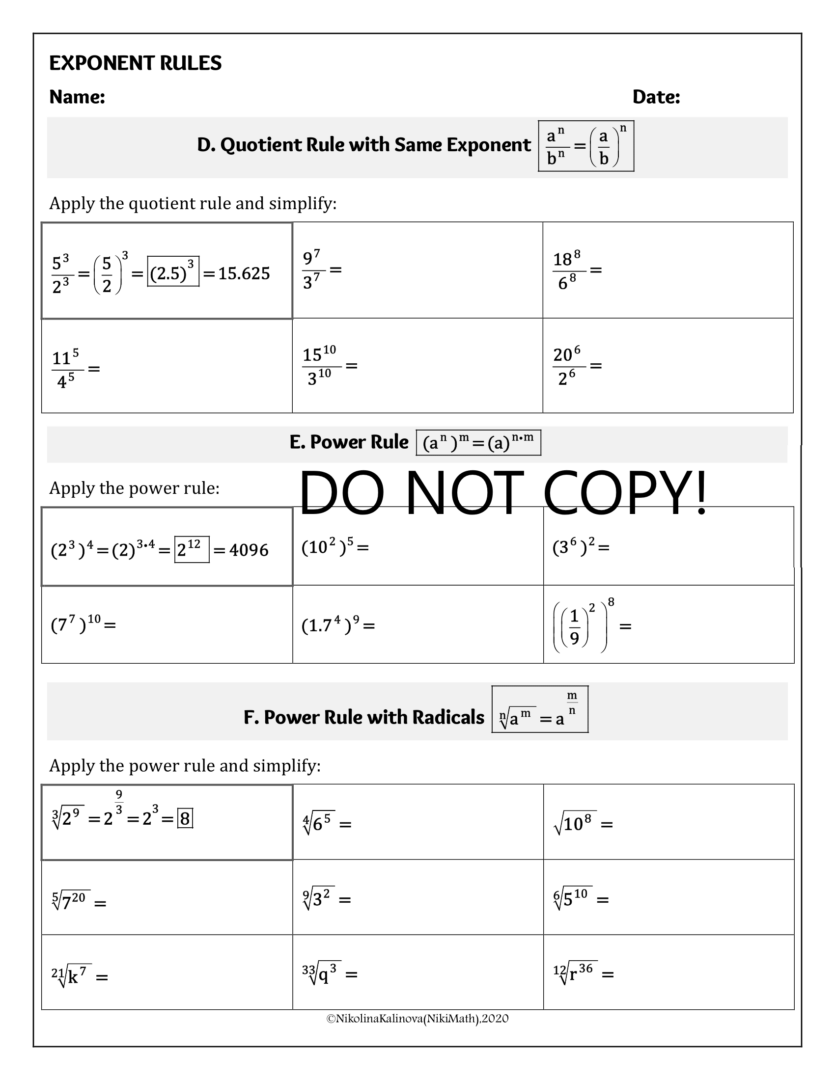Laws of Exponents/Exponent Rules - Practice - 121 examples into 17 ...