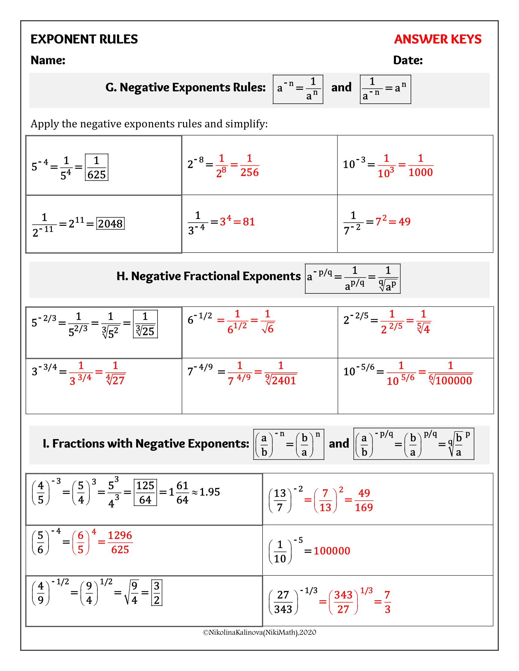 Laws of Exponents/Exponent Rules - Practice - 121 examples into 17 ...