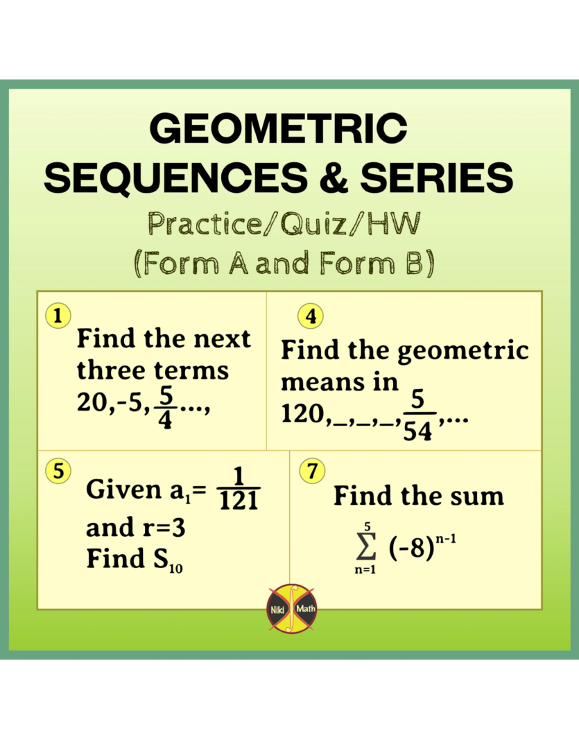 Geometric Sequences and Series - Practice/Quiz/HW (Two forms A & B ...