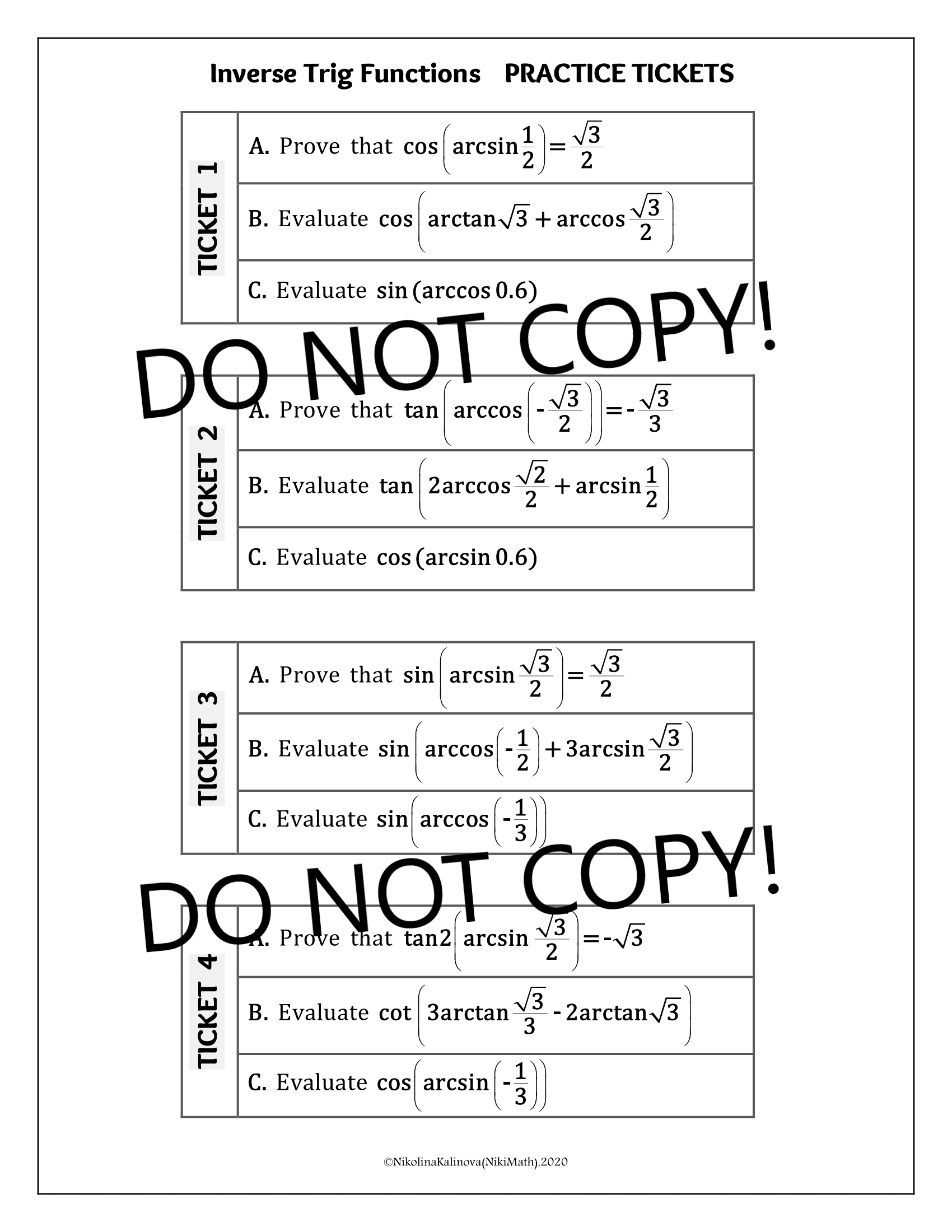Inverse Trig Functions (Exact Value & Composite Functions) - Practice Tickets - Teacher ...