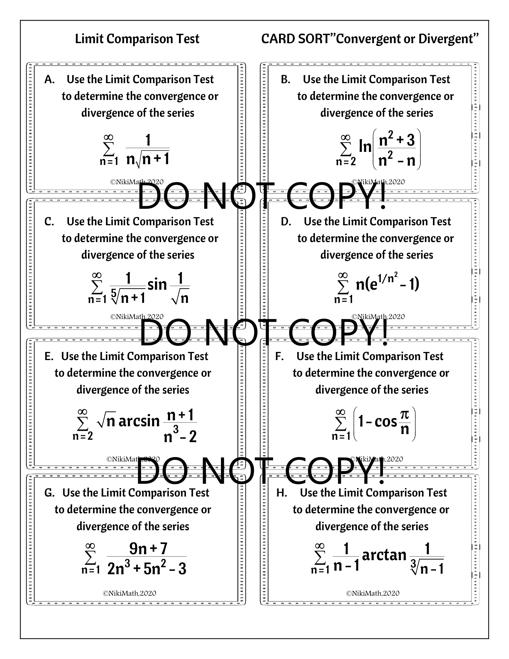 Limit Comparison Test - Card Sort - 16 cards (full solutions) - Teacher ...