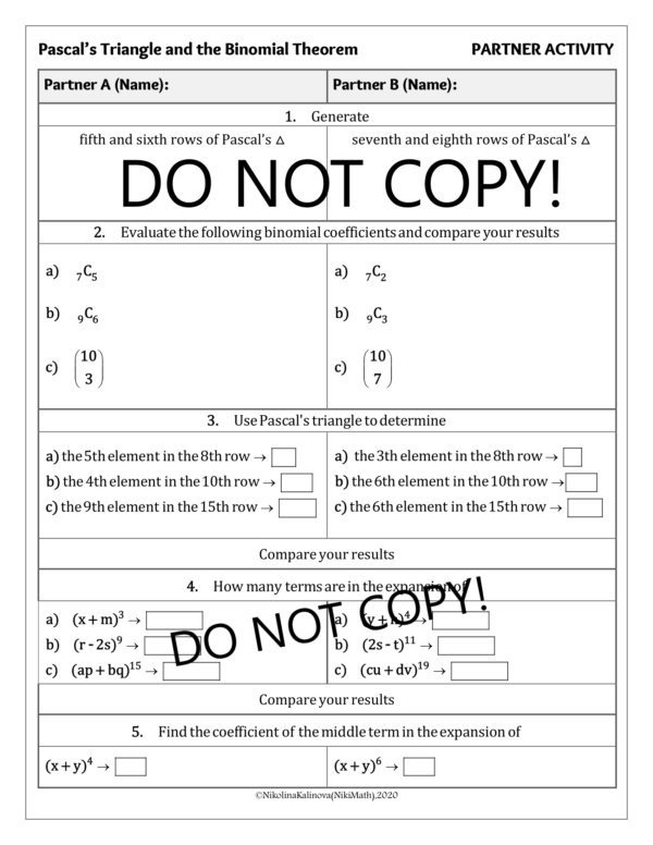 Pascal's Triangle and the Binomial Theorem -Partner Activity/Practice(A ...