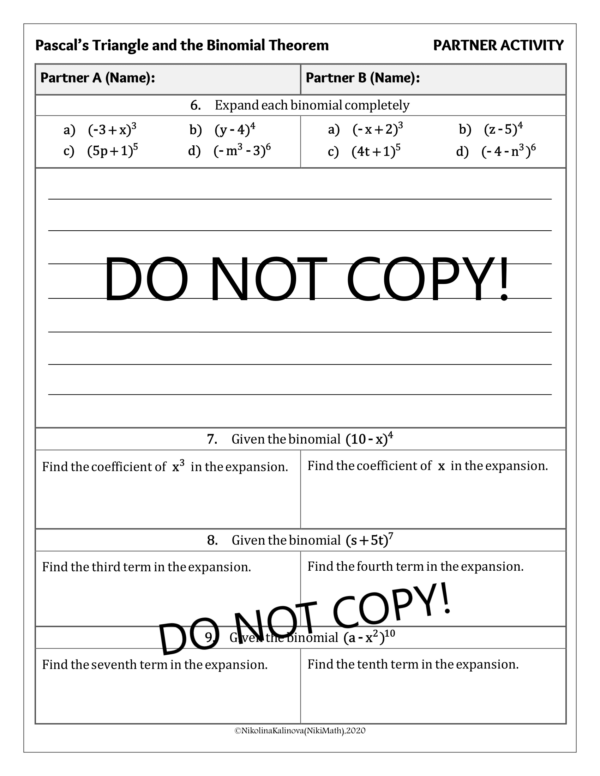 Pascal's Triangle and the Binomial Theorem -Partner Activity/Practice(A ...
