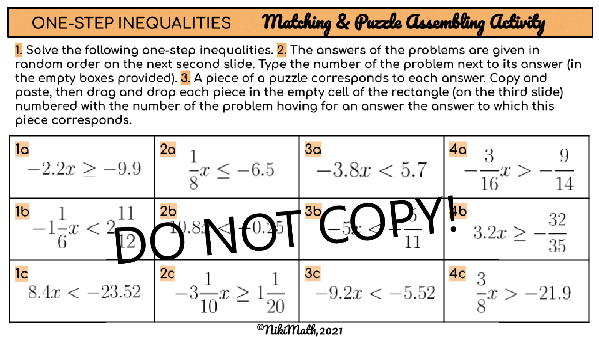 One-Step Inequalities - Matching & Puzzle Assembling Activity - Teacher ...
