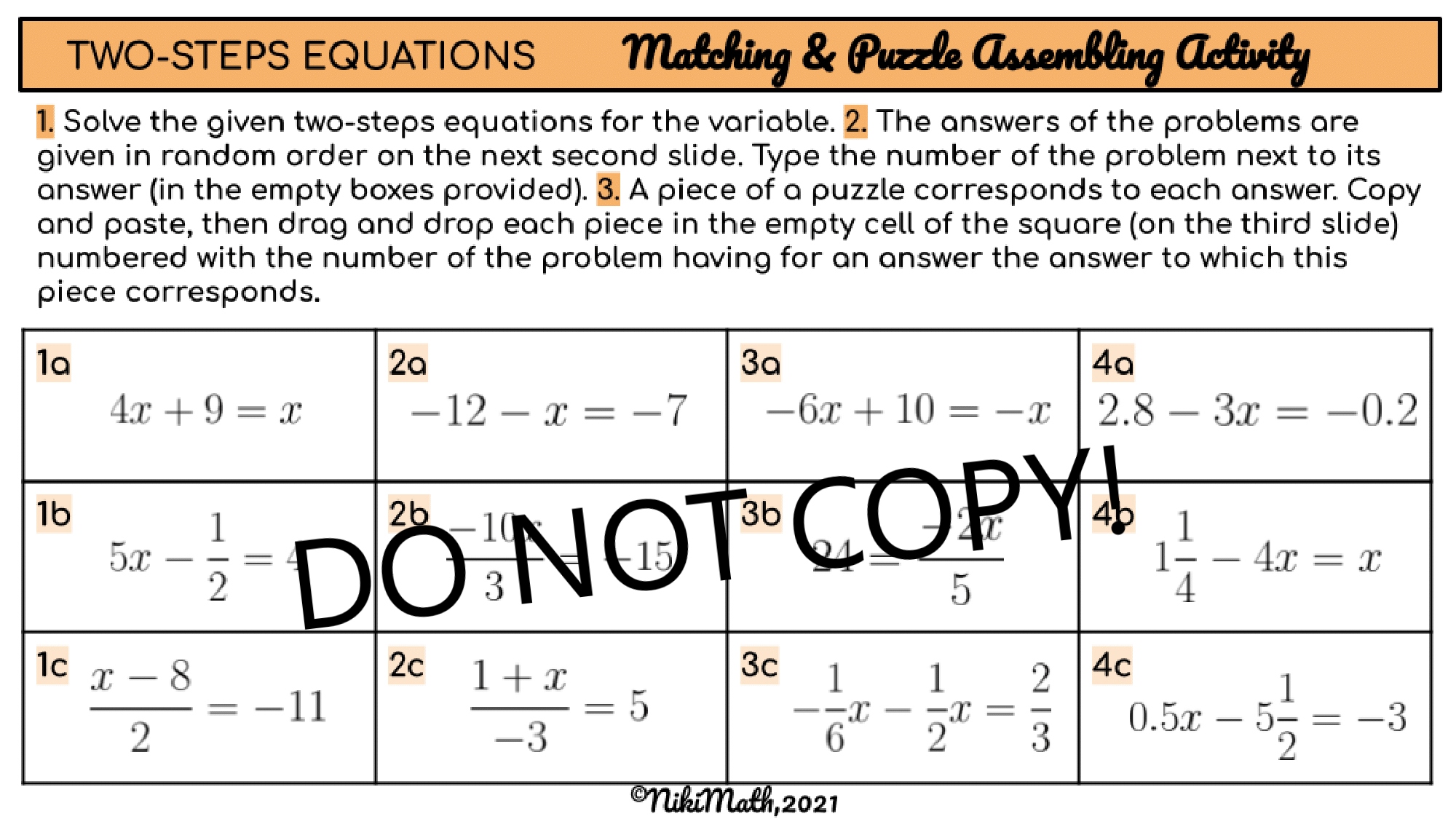 Two-Step Equations - Matching & PUZZLE Assembling Activity - Teacher ...